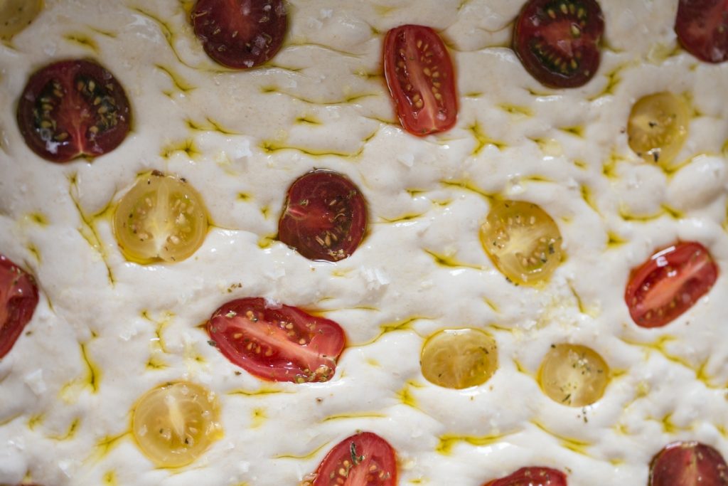 Poolish focaccia bread with cherry tomatoes • Electric Blue Food ...